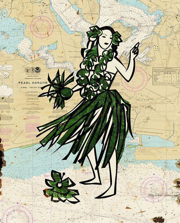 ARM392 - 8 X 10 PLASMA SATIN - HULA GIRL PEAL HARBOR OAHU HAWAII MAP ...
