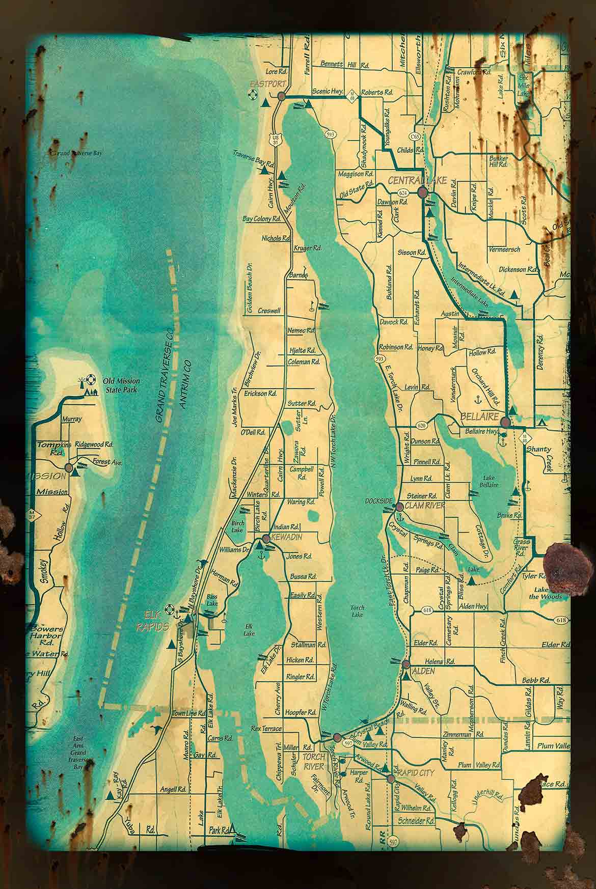 JAM631 - TORCH LAKE MAP WORDLESS – Pasttime Signs